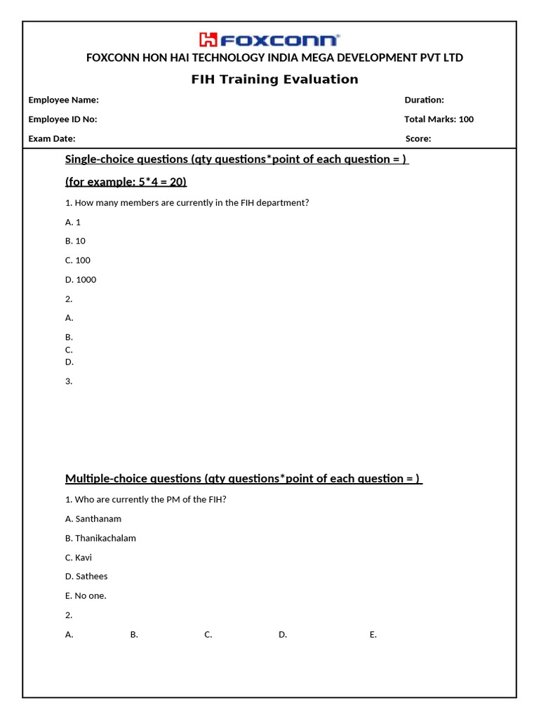 Test Paper Format - FIH | PDF