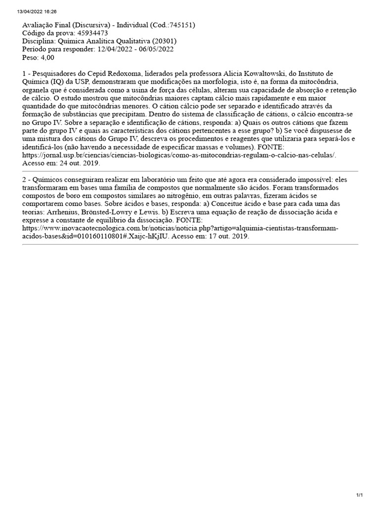 Prova 2 Quim | PDF