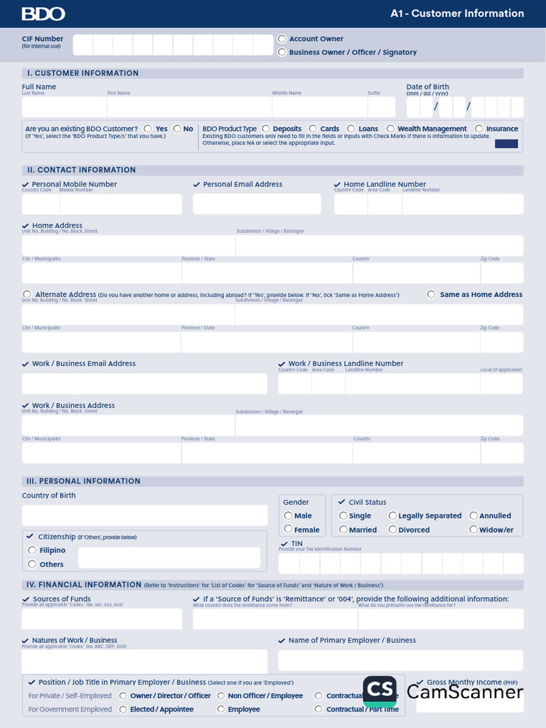 BDO A1 Customer Information Form | PDF | Loans | Banks