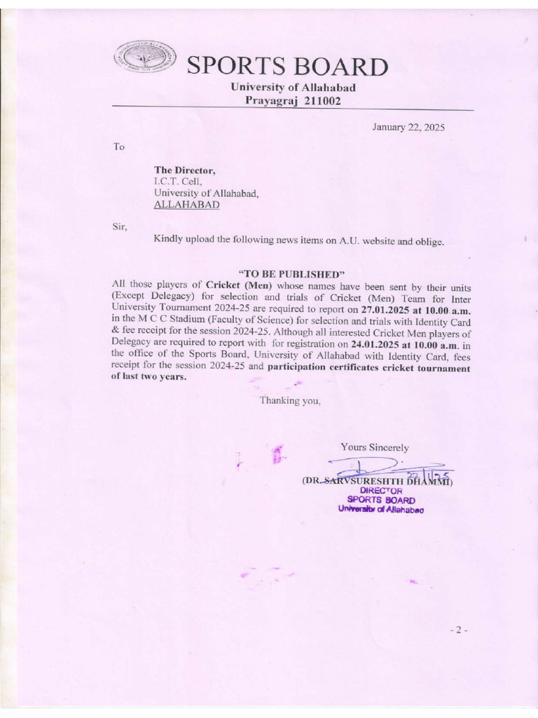 Notice For Cricket (Men) Trials | PDF