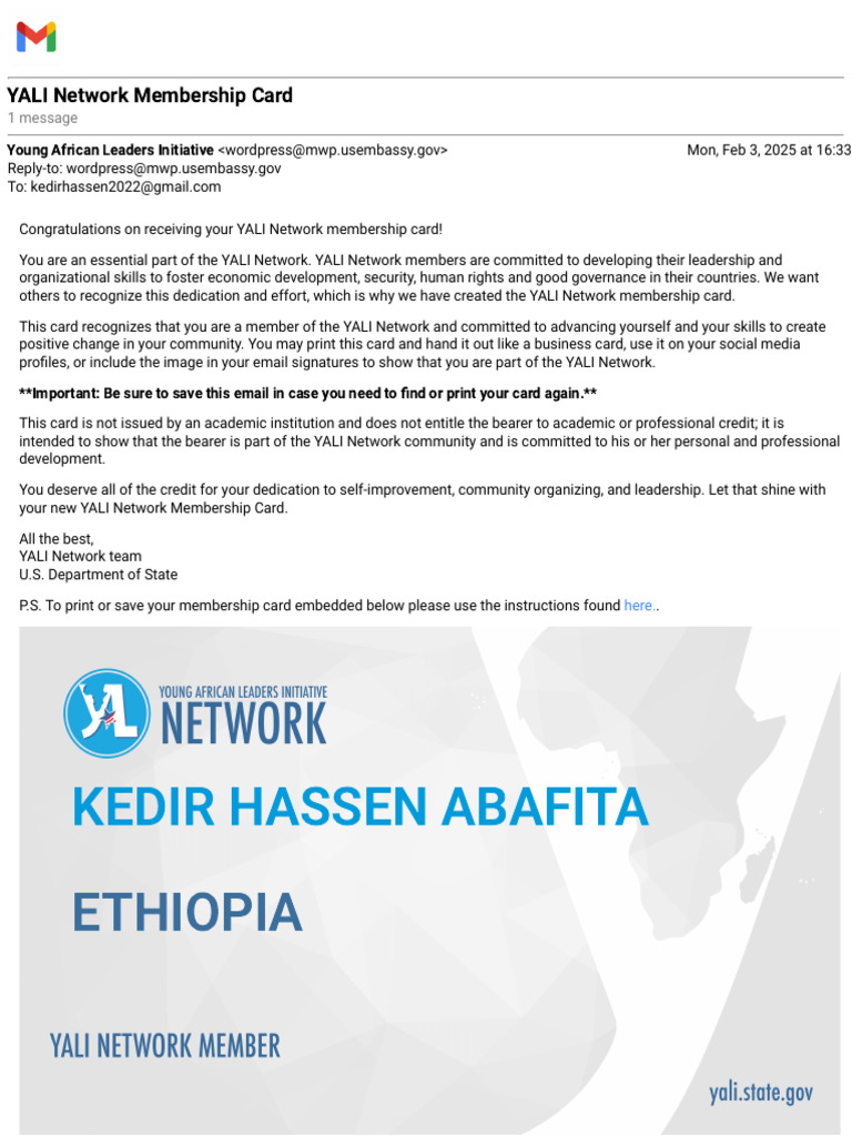 YALI Network Membership Recognition | PDF