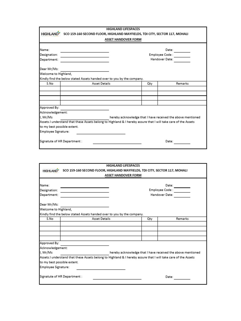Asset Handover Form | PDF