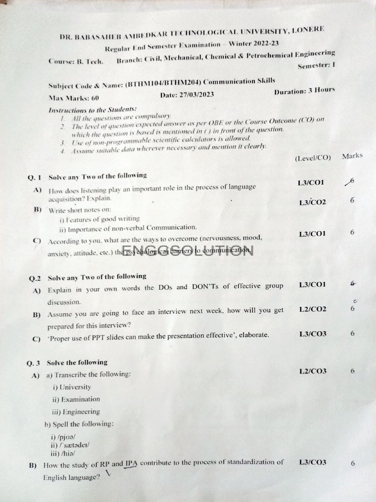 Communication Skill Question Paper 27 March 2023 | PDF | Linguistics ...
