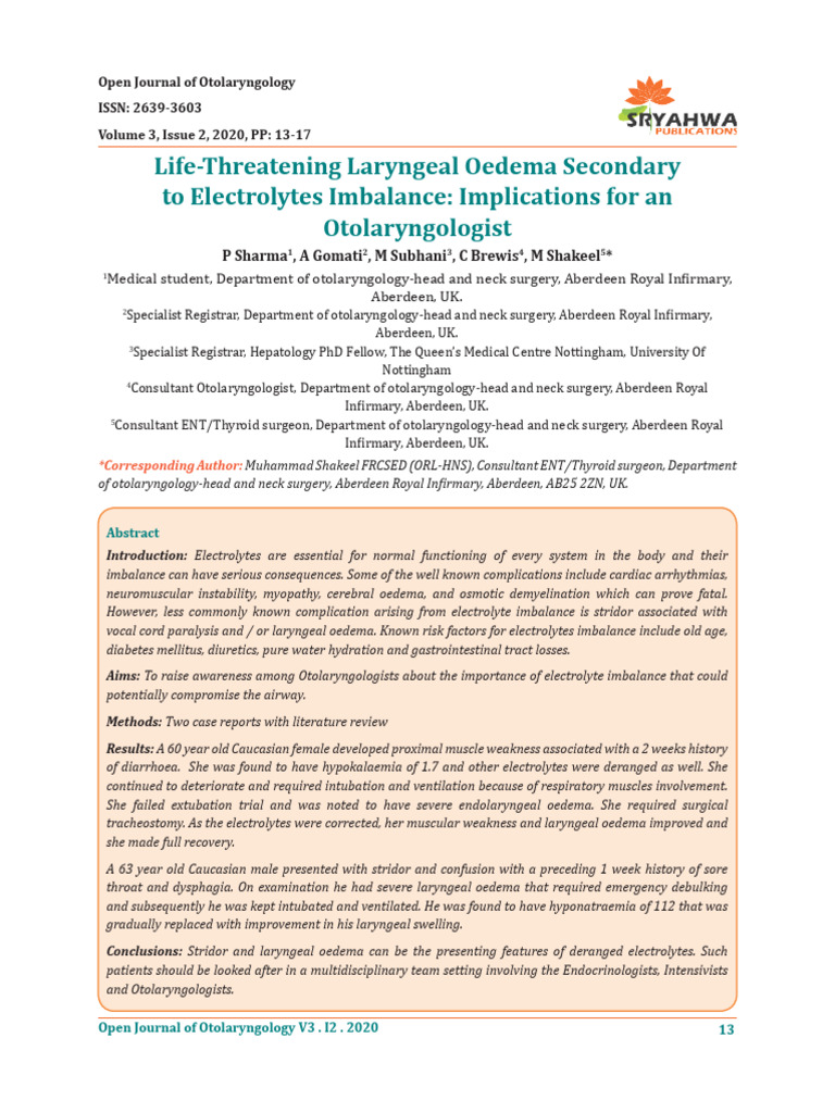Life-Threatening Laryngeal Oedema Secondary To Electrolytes Imbalance ...