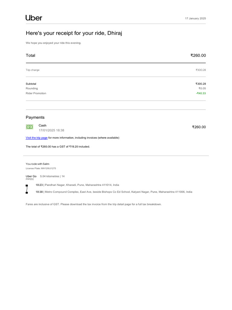 Uber Ride Receipt for Dhiraj | PDF