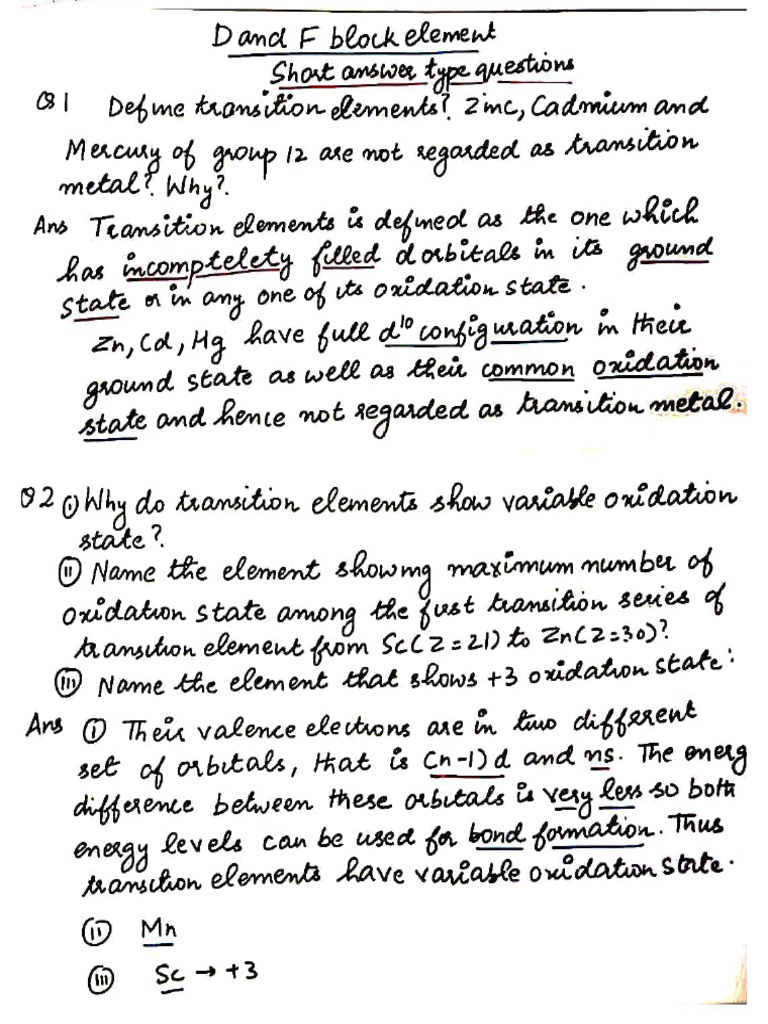 d and f block elements Important Questions(1) | PDF