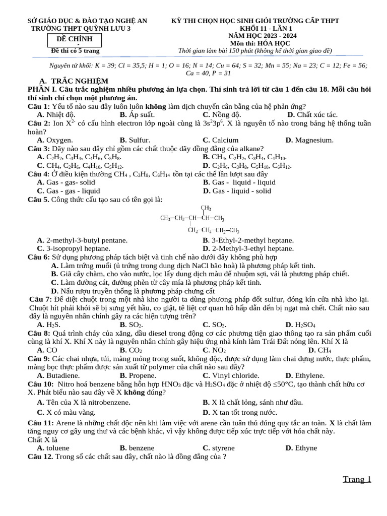 2023-2024 - QUỲNH LƯU 3- NGHỆ AN - HSG HH11 (TN+TL) | PDF