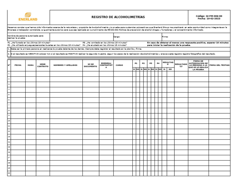 GI-FM-006-00 Registro de Alcoholimetrías | PDF