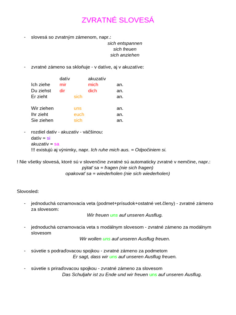 Zvratné Slovesá Nemecký Jazyk | PDF
