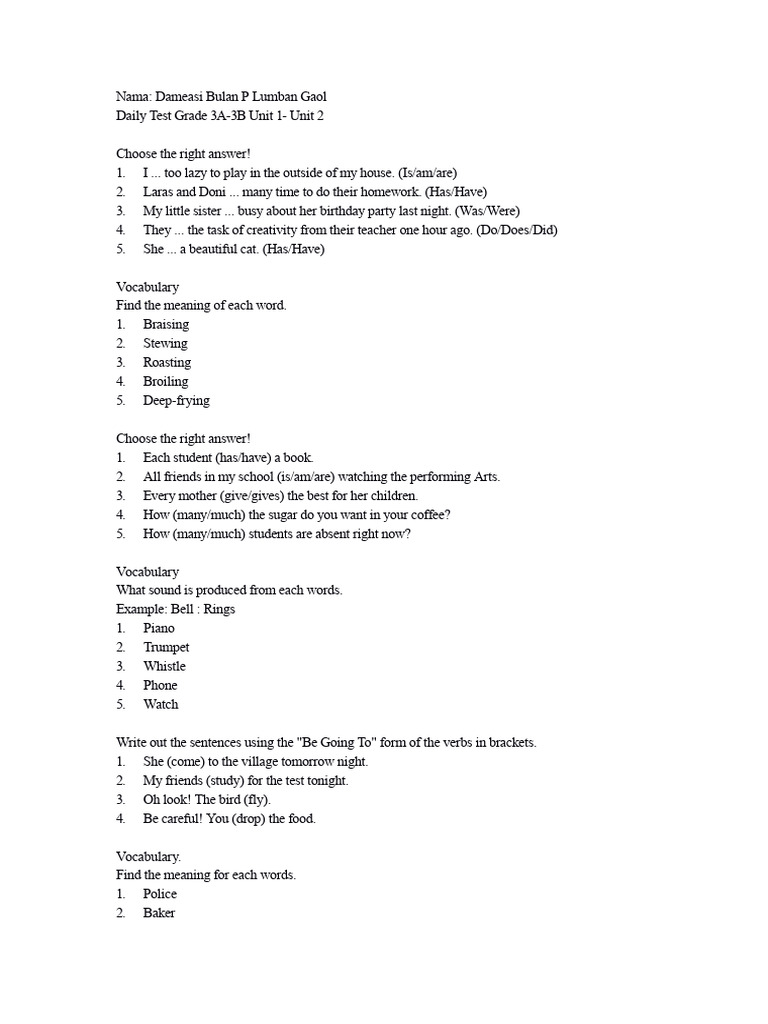 Daily Test (Unit 1&2 Grade 3A-3B) 1 | PDF