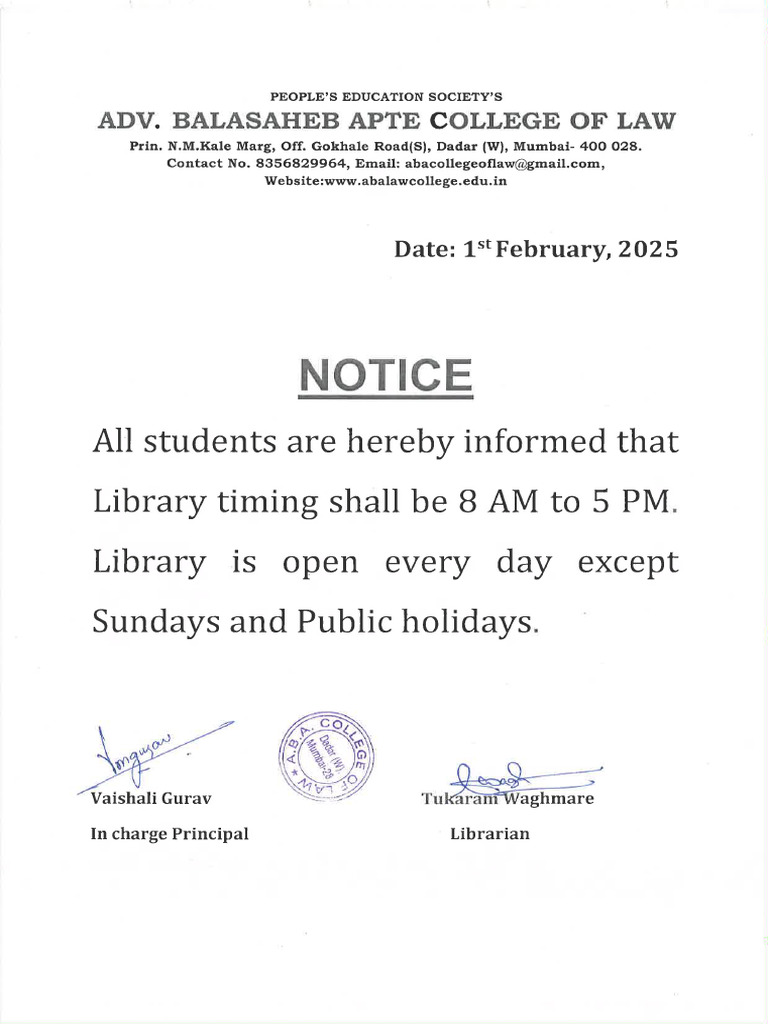 Library Timing Notice | PDF