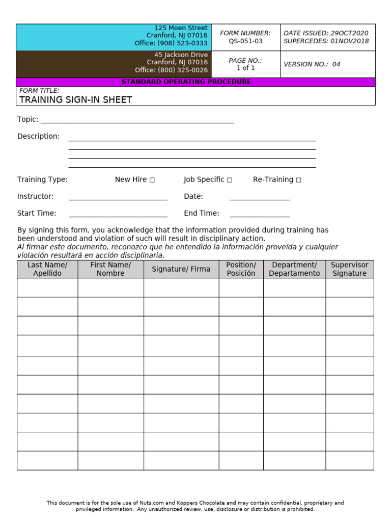 Training Sign-In Sheet SOP | PDF