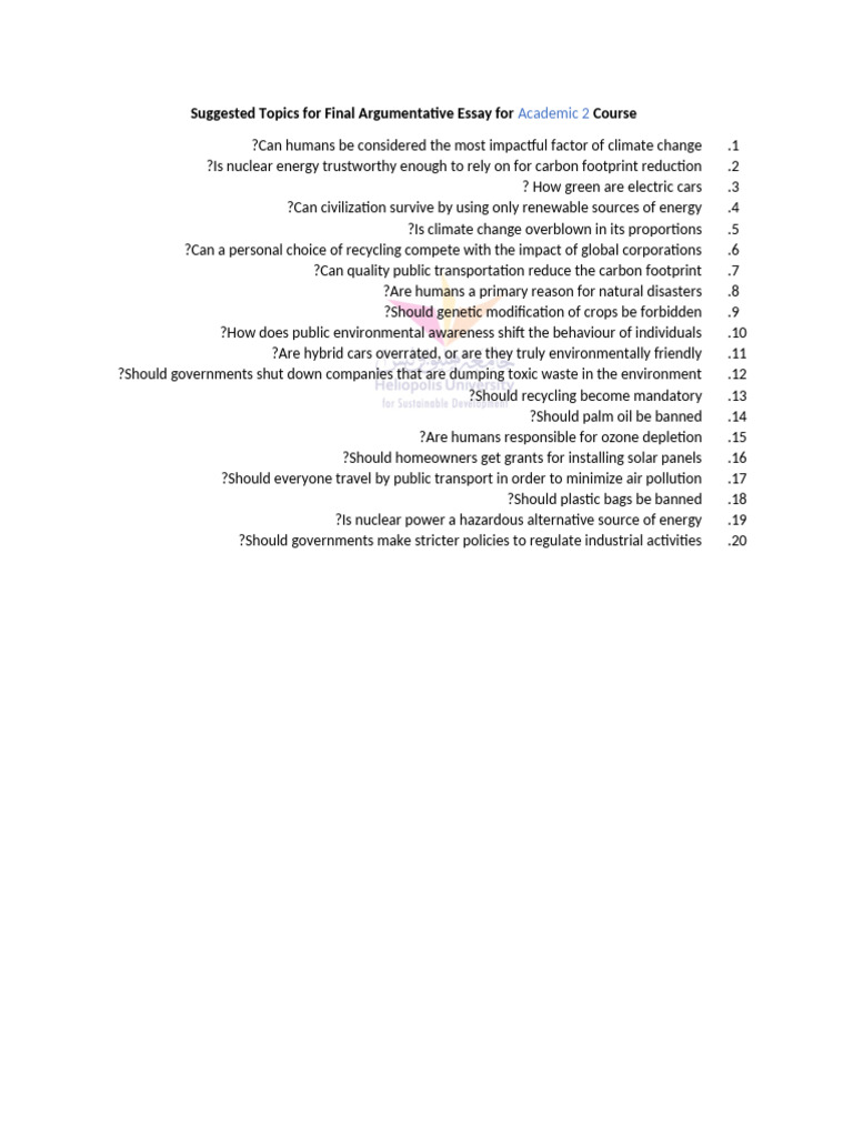Argumentative Essay Topics | PDF