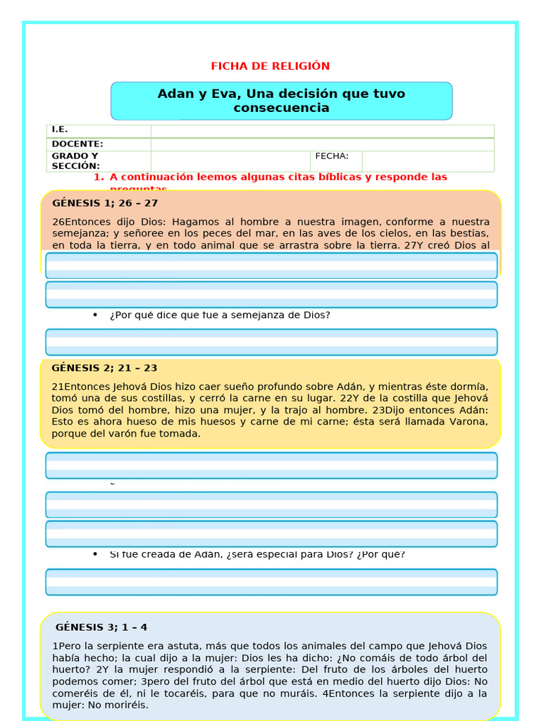 FICHAS DE ADAN Y EVA | PDF | Adán | Adán y Eva