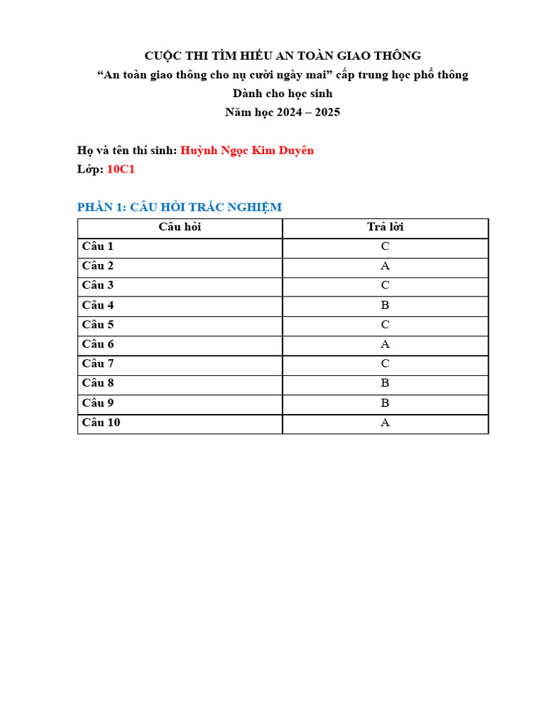 10C1 - Huỳnh Ngọc Kim Duyên | PDF