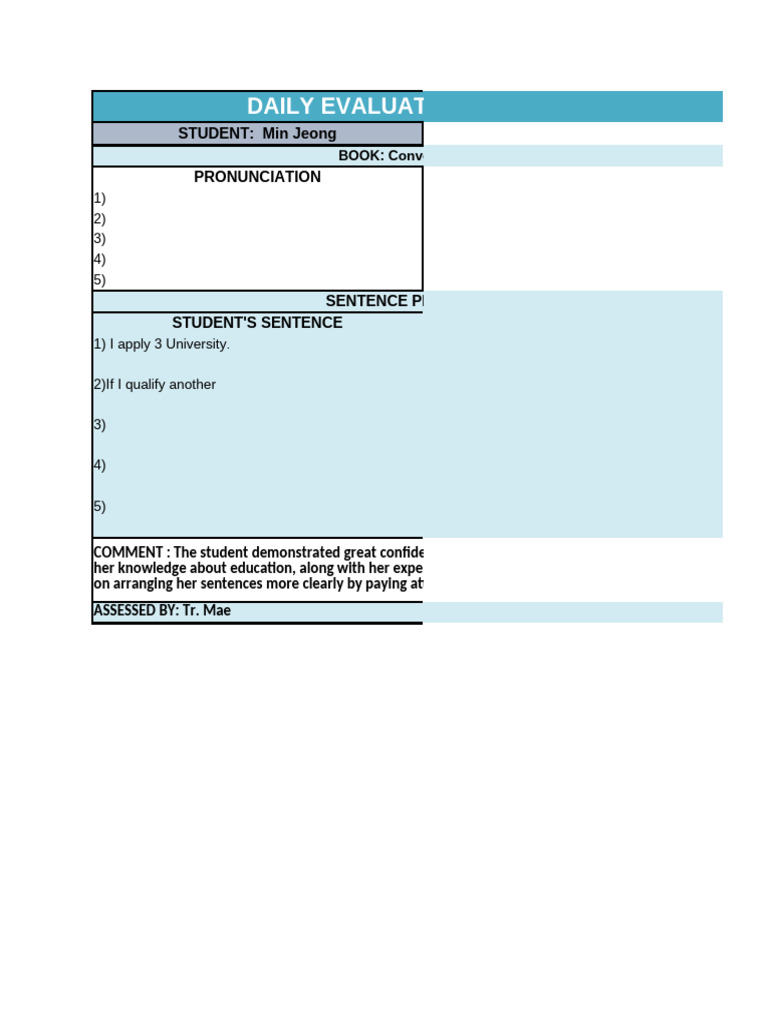 Daily Evaluation Report Minjeong TR - Mae | PDF | Behavior Modification ...