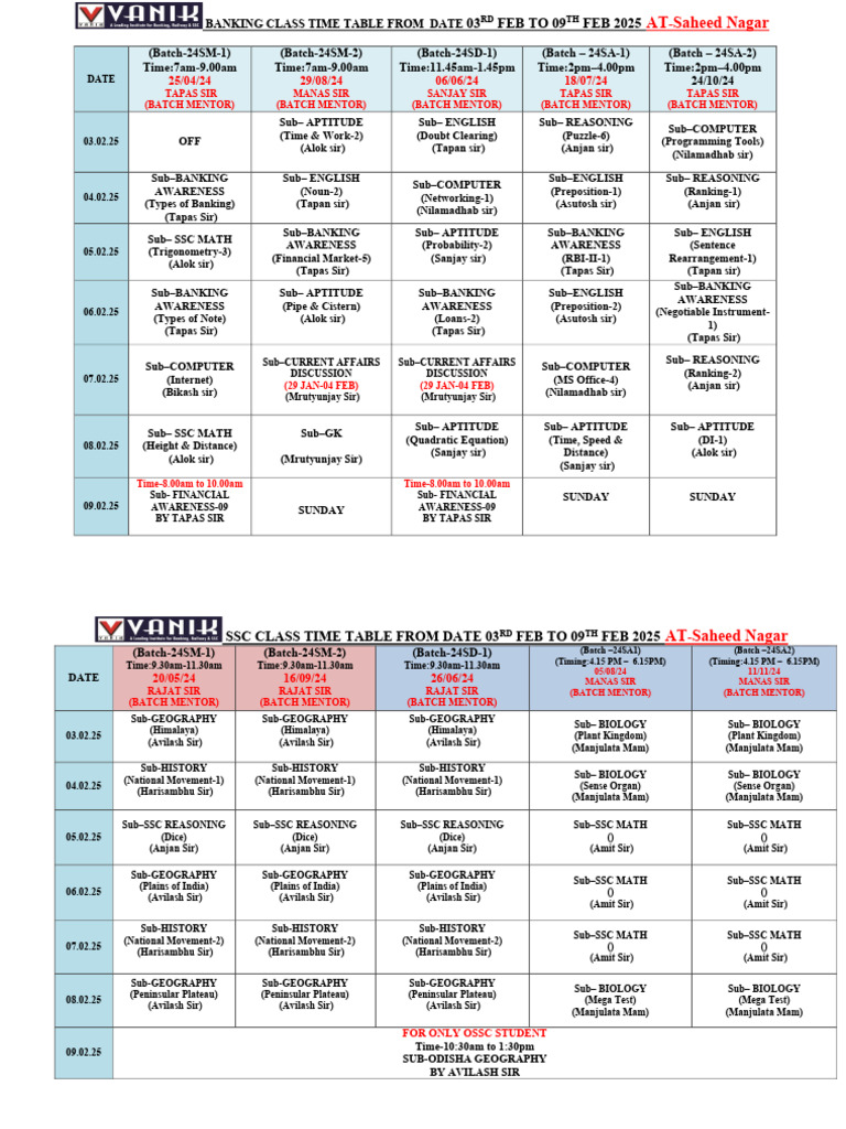 Banking and SSC Class Timetable 2025 | PDF