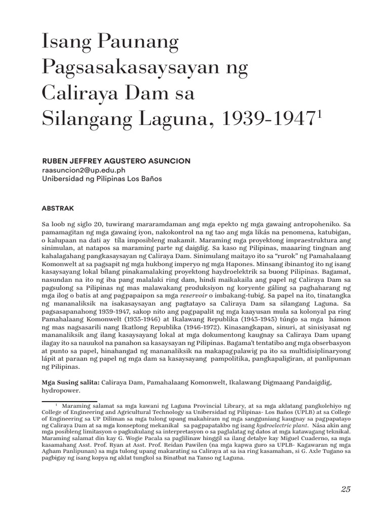 Isang Paunang Pagsasakasaysayan NG Caliraya Dam Sa Silangang Laguna ...