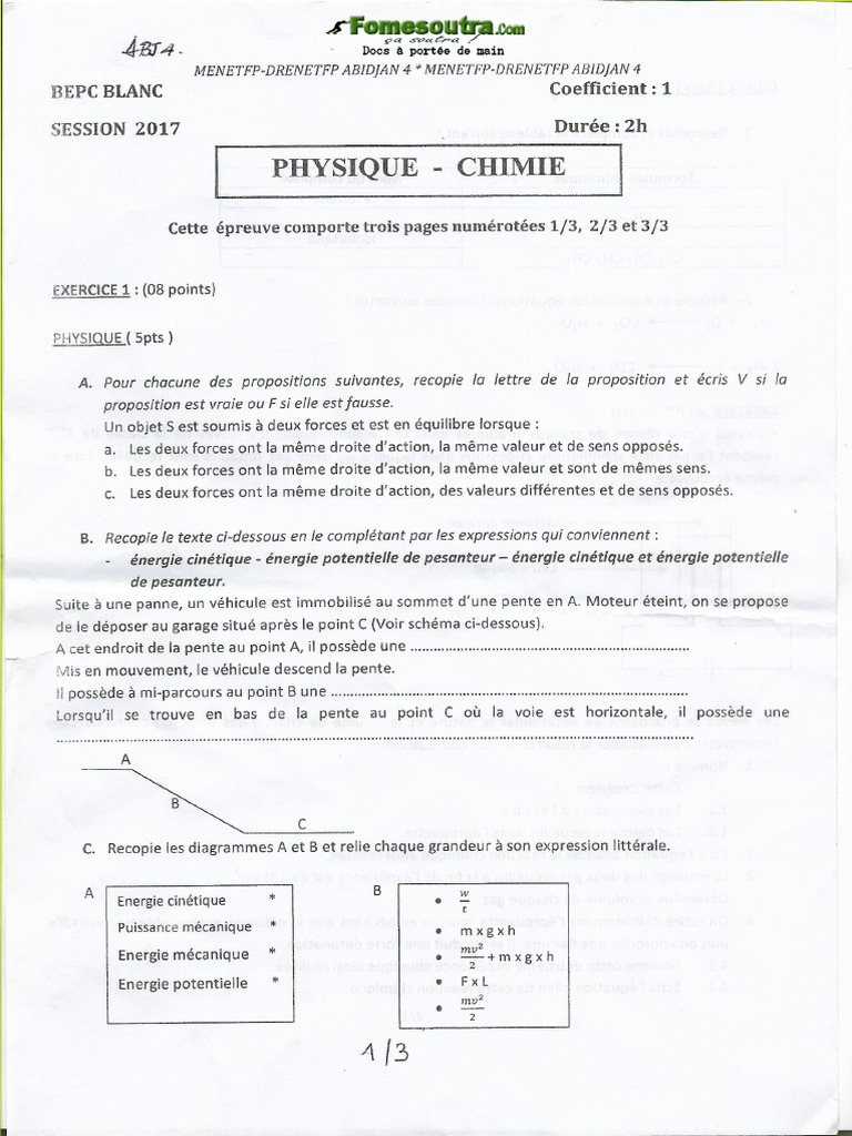612b6ea70e113sujet Physique Chimie Bepc Blanc 2017 Dren Abidjan | PDF