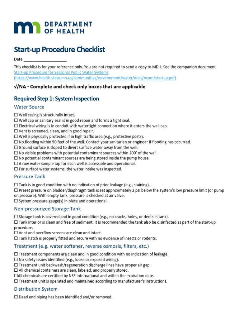 Seasonal Water System Start-up Checklist | PDF | Pump | Leak