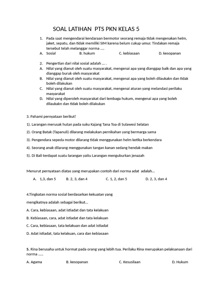Soal Latihan PTS PKN Kelas 5 | PDF