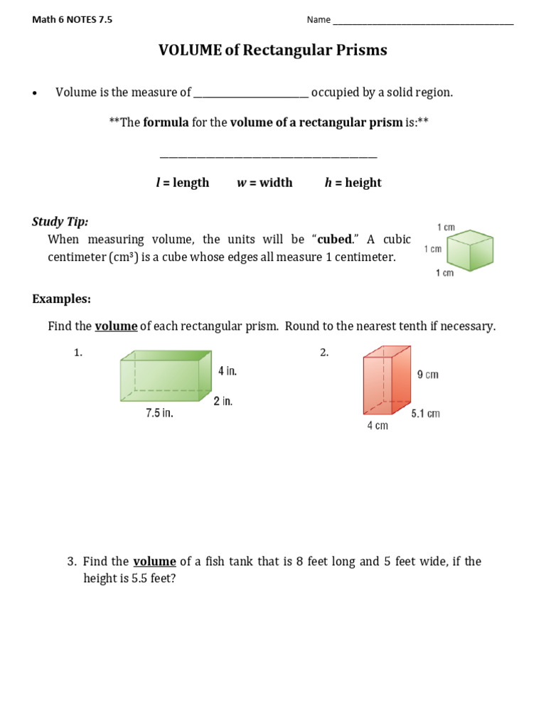 Volume of a Rectangular Prism Worksheet | PDF | Area | Volume