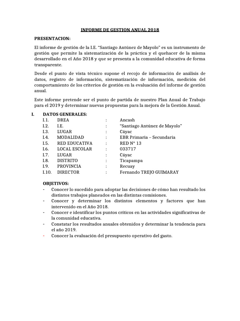 Informe de Gestion Anual Sam 2018 | PDF | Enseñando | Plan de estudios