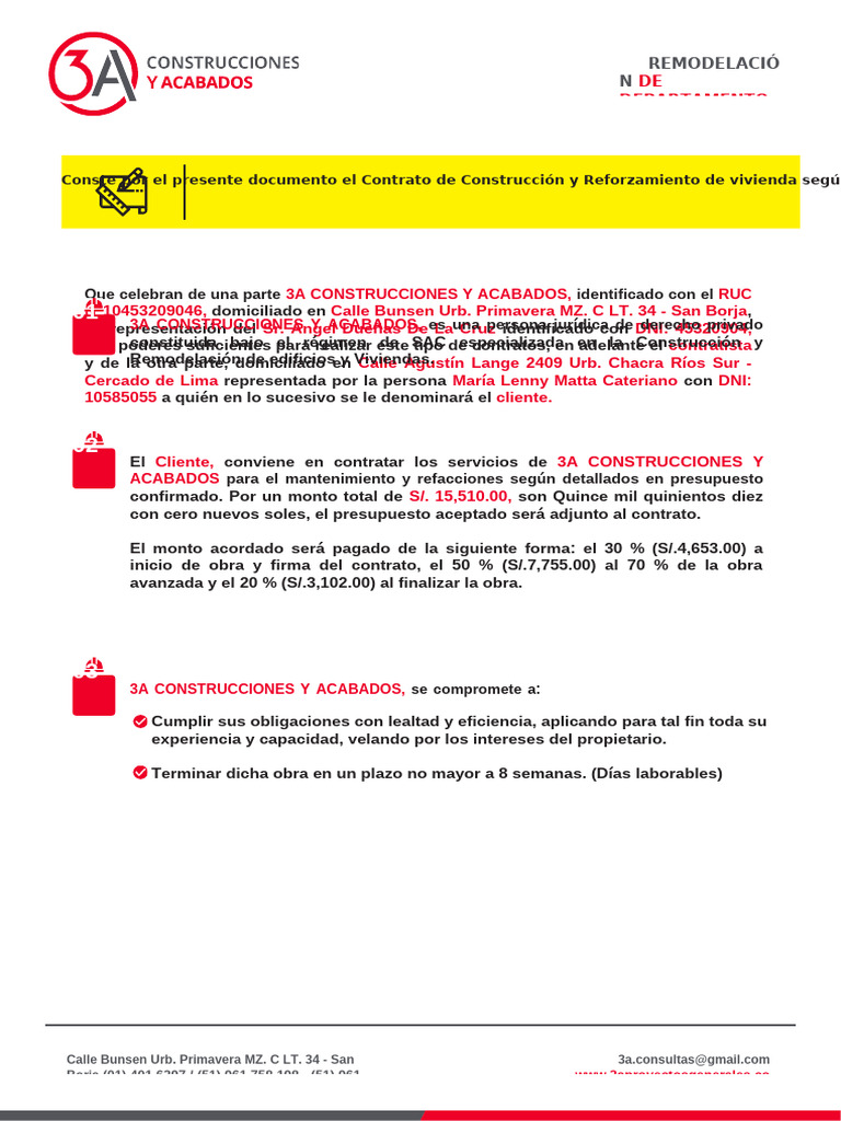 Hoja de Contrato - 3A Construcciones y Acabados - María Lenny Matta ...