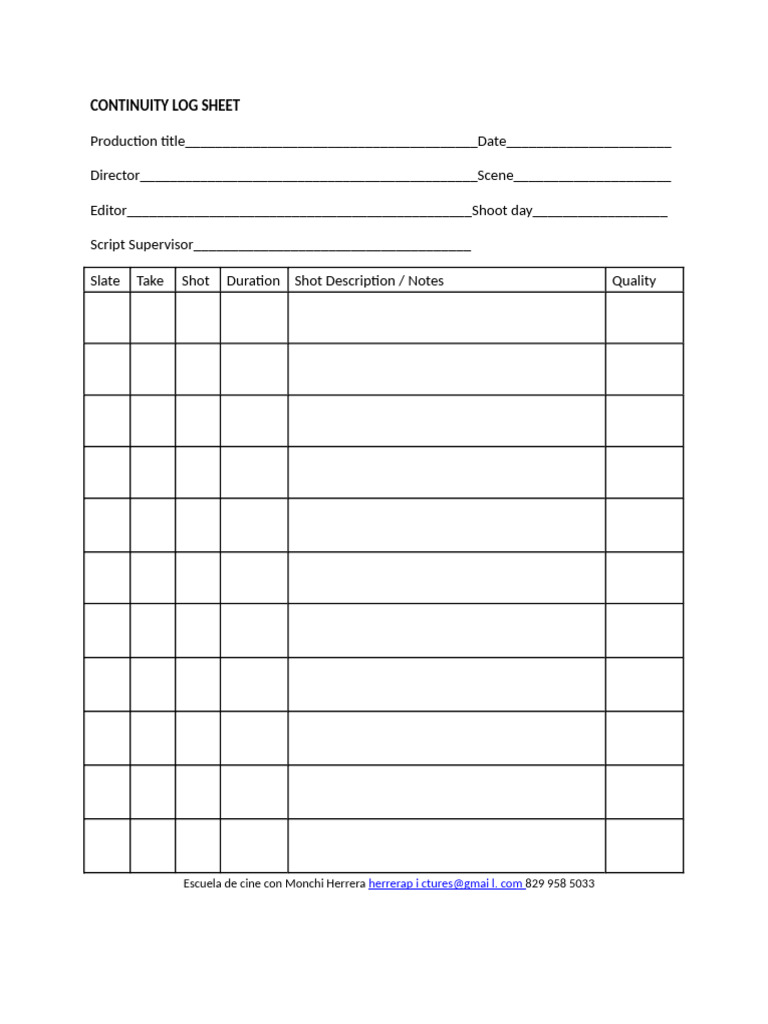 Continuity Log Sheet Escuela de Cine MH | PDF