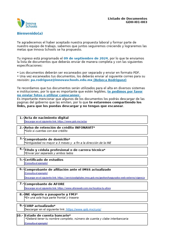 Listado de Documentos para Personal de Nuevo Ingreso | PDF