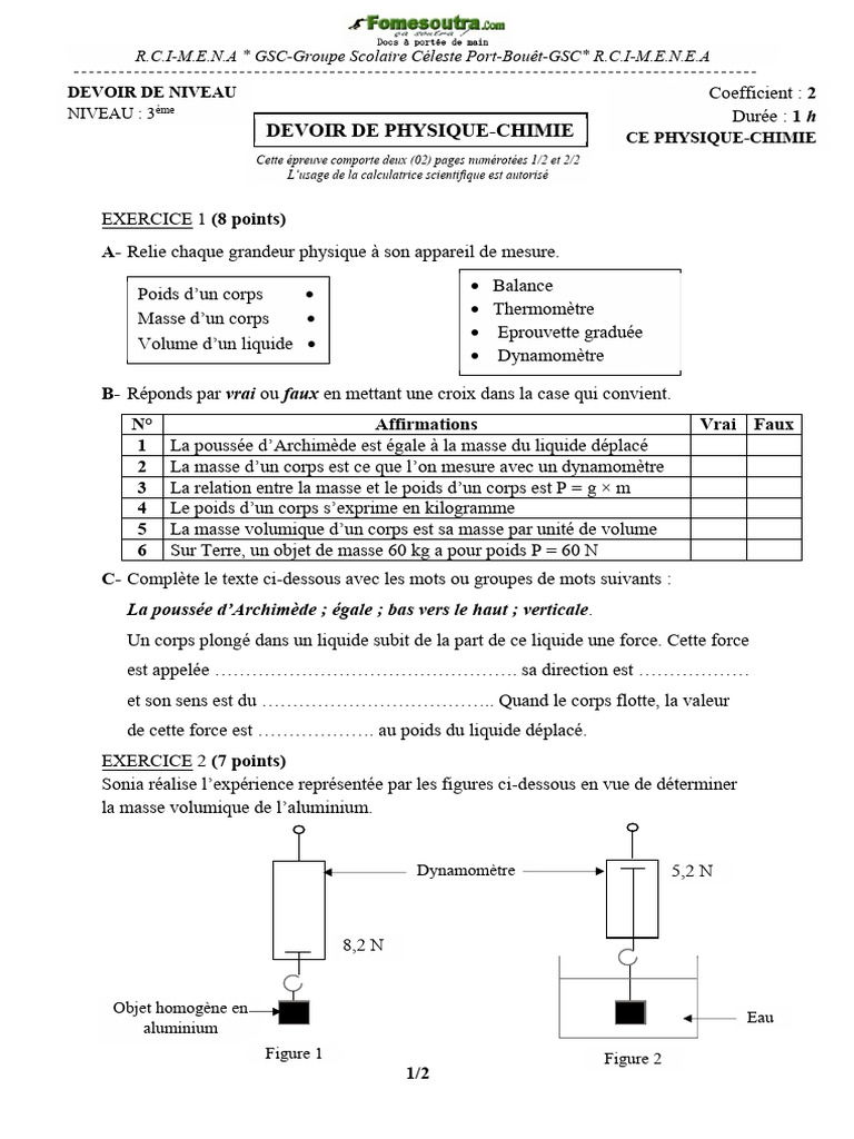 DEVOIR DE NIVEAU PC 3ème GSC | PDF