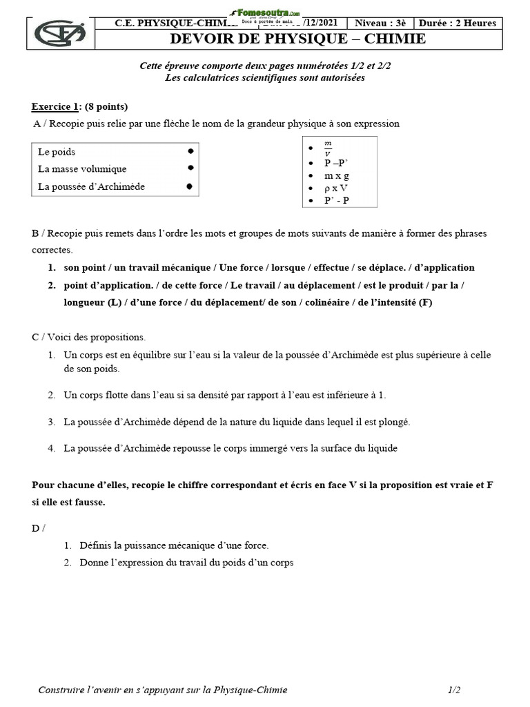Devoir de PC 3ème | PDF