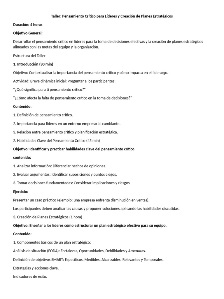 Taller de Pensamiento Crítico para Líderes | PDF | Planificación ...