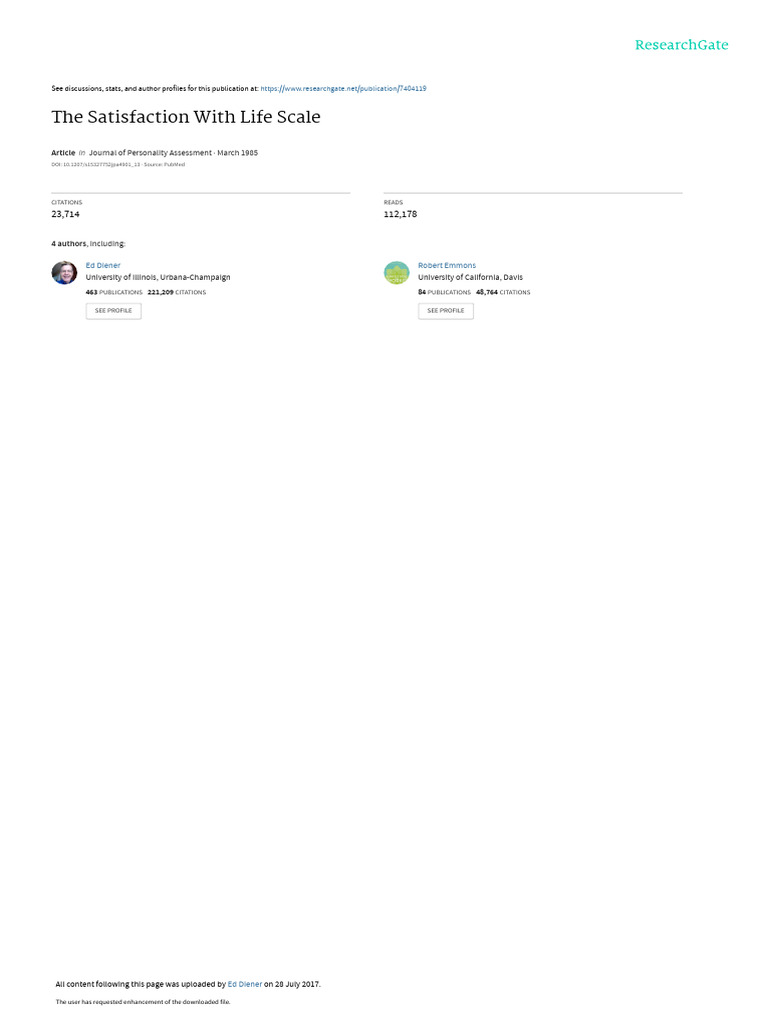 Diener The Satisfaction With Life Scale | PDF