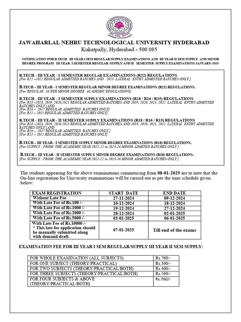 JNTUH B.tech 3-1 3-2 Semester Exams Notification January 2025 | PDF | Educational Stages ...