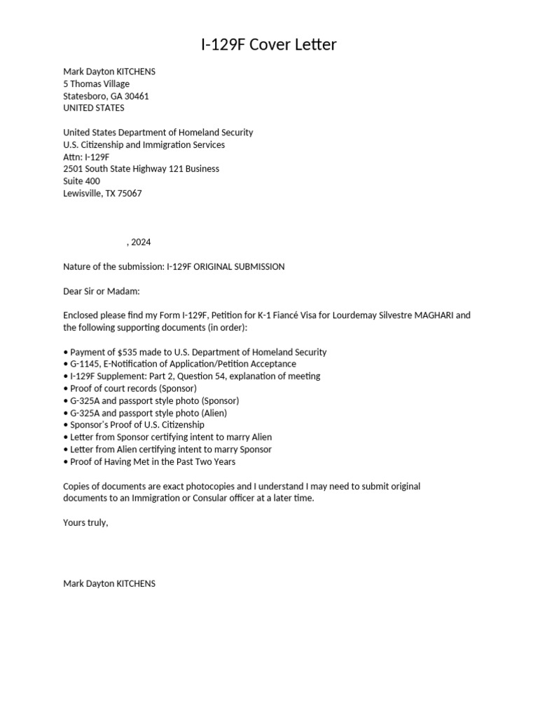 Kitchens MD I-129f Cover Letter | PDF