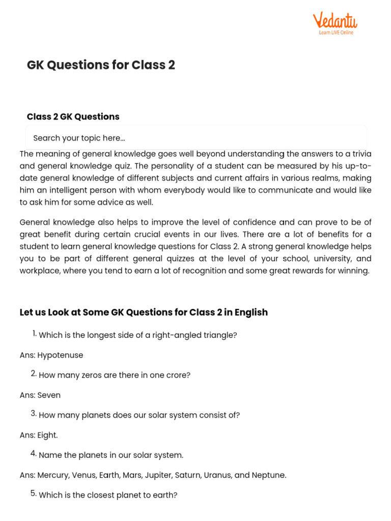 GK Questions For Class 2 | PDF