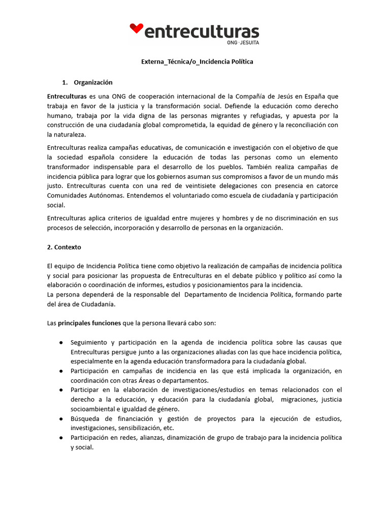 Técnico/a Incidencia Política en Entreculturas | PDF | Igualdad de ...