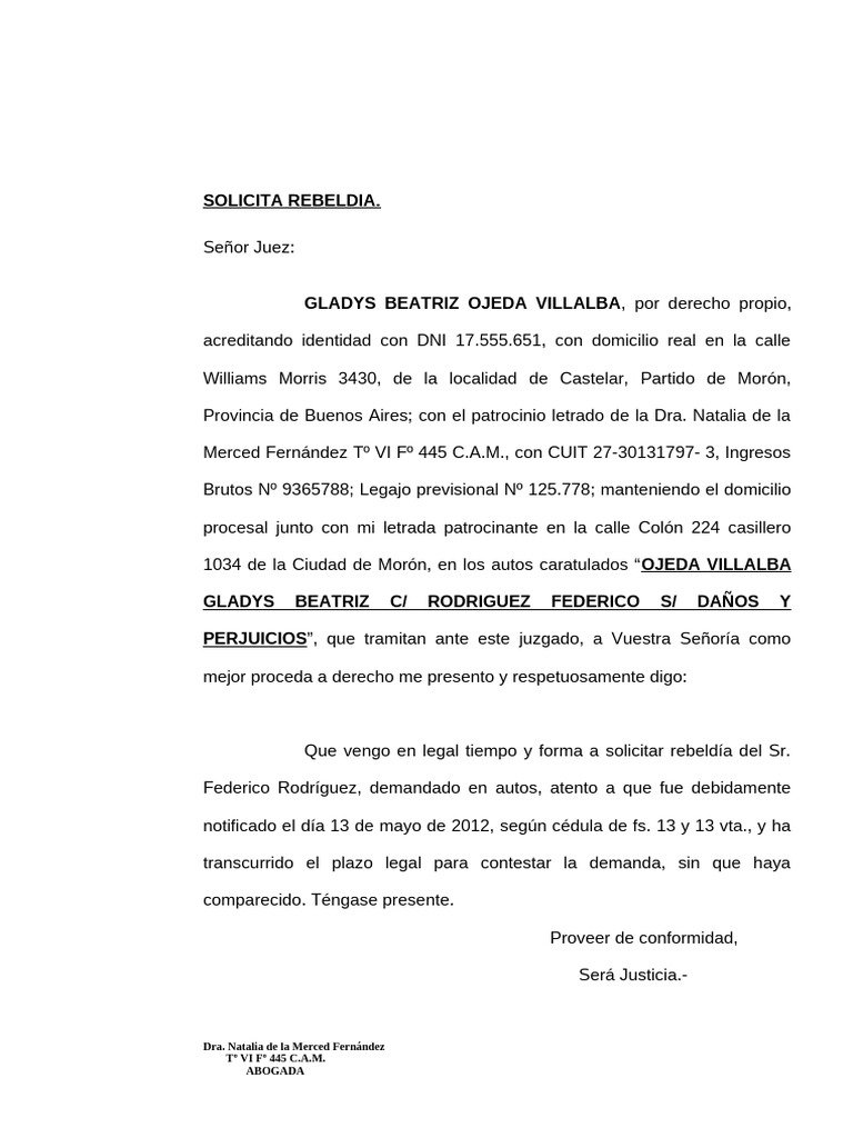 Solicitud de Rebeldía en Juicio Civil | PDF