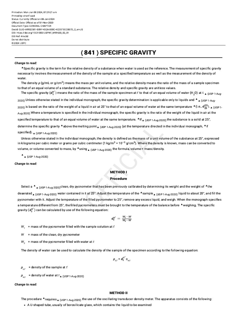 USP-NF 841 Specific Gravity | PDF | Density | Physical Quantities