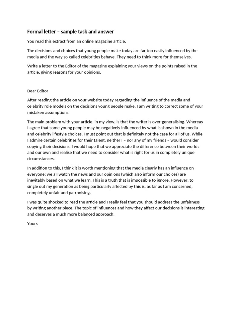 CAE Writing Task: Formal Letter Sample | PDF | Teachers | Healthy Diet