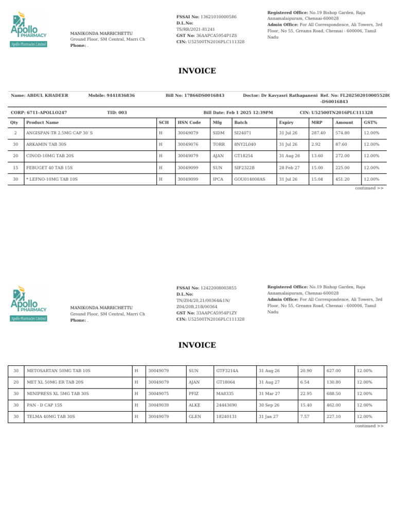 Apollo Medicine InvoiceFeb 1 2025-20-50 | PDF | Pharmacy | Pharmaceutical Sciences