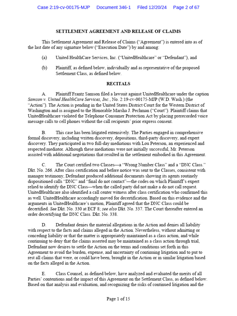 UnitedHealthcare TCPA Settlement Agreement | PDF | Lawsuit | Class Action