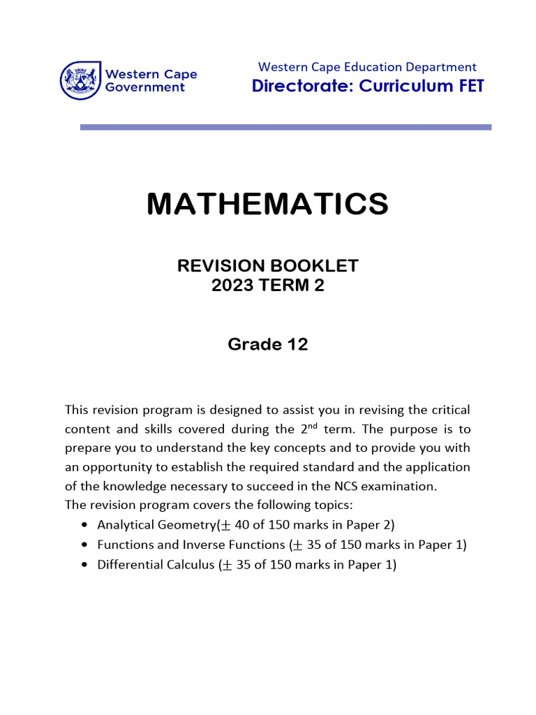 2023 Mathematis Grade 12 Revision Booklet Term 2 | PDF | Function (Mathematics) | Circle