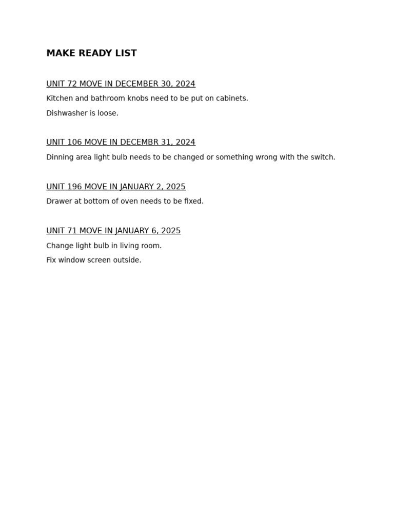 Make Ready Checklist for Units | PDF