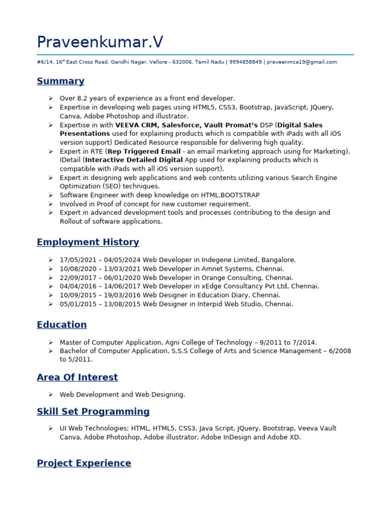 Praveenkumar Resume UI Developer | PDF | Web Design | Html5