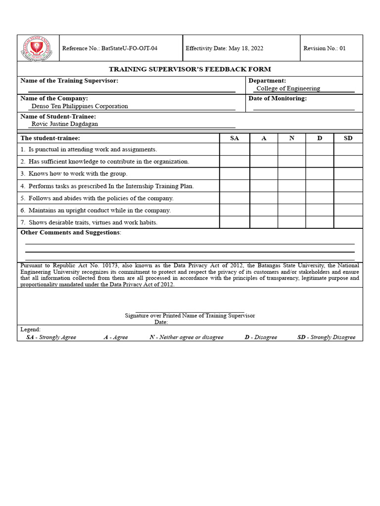 Rovic BatStateU FO OJT 04 - Training Supervisor - S Feedback Form - Rev. 01 | PDF