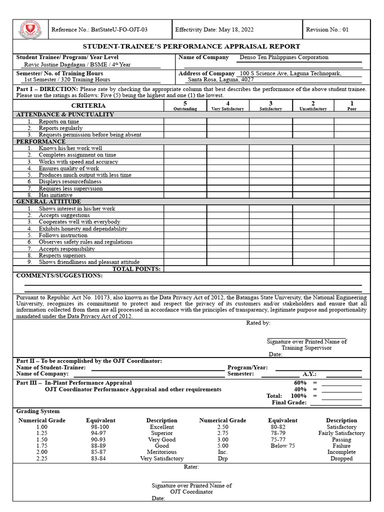 Rovic BatStateU FO OJT 03 Student Trainee S Performance Appraisal Report Rev. 01 | PDF ...