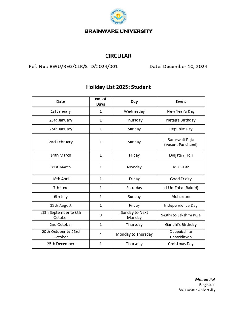 Student Circular 2024-12-10 Holiday List 2025 - Student | PDF