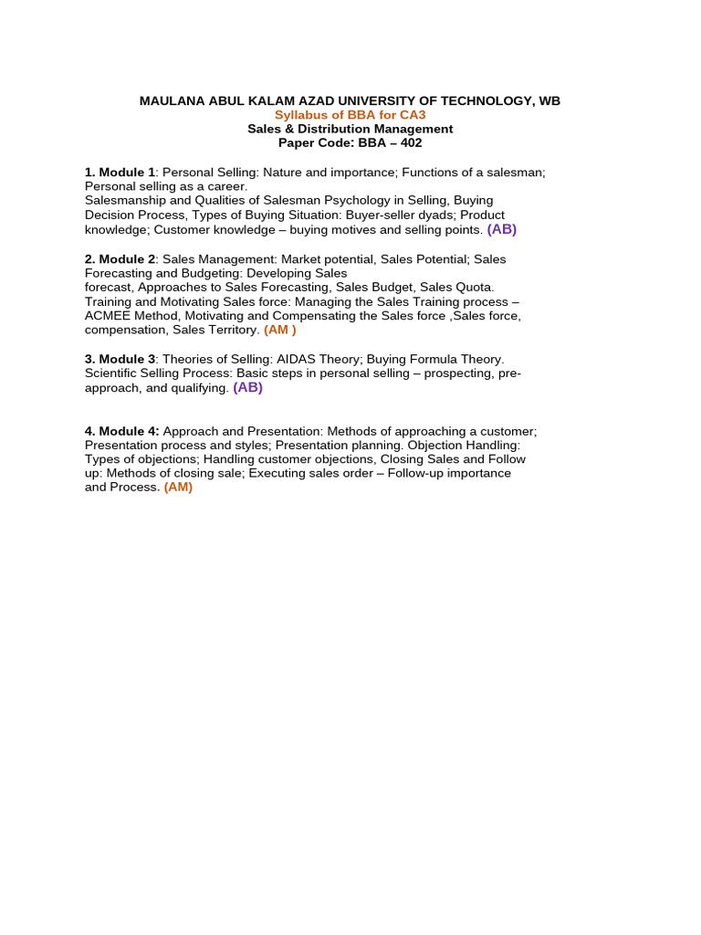 BBA Syllabus: Sales & Distribution Management | PDF